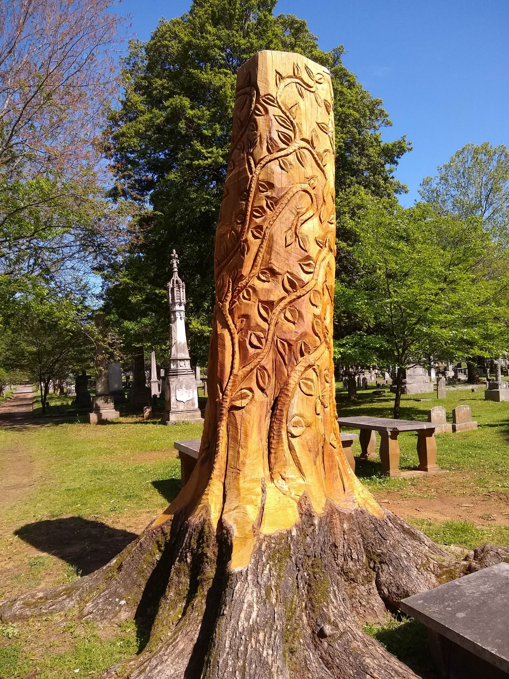 We found this incredible carved tree in historic Maple Hill Cemetery ...